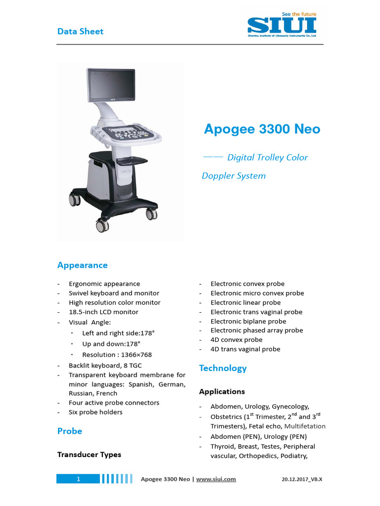 Apogee 3300 Neo Data Sheet | PDF | Medical Ultrasound