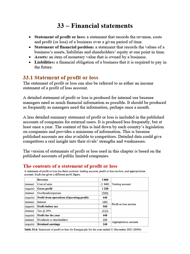 33 - Financial Statements: 33.1 Statement of Profit or Loss | PDF | Depreciation | Equity (Finance)