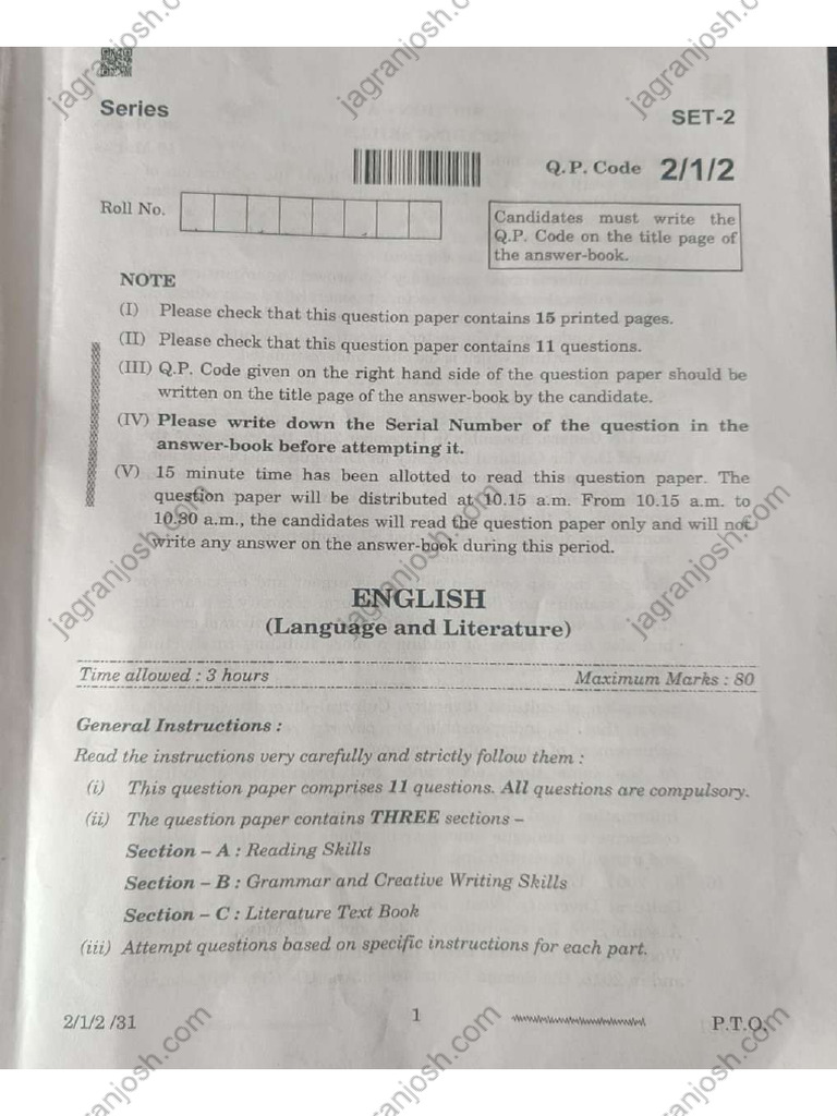 Cbse Class 10 English Question Paper 2024 Set 2 | PDF