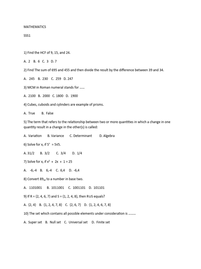 SS1 Quiz MATHEMATICS-WPS Office | PDF