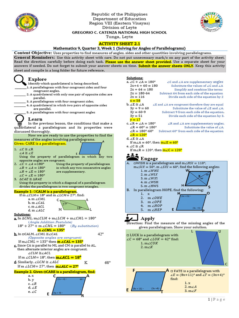 MATH 9 Activity Sheet 2 Q3 Week 1 | PDF | Angle | Geometry