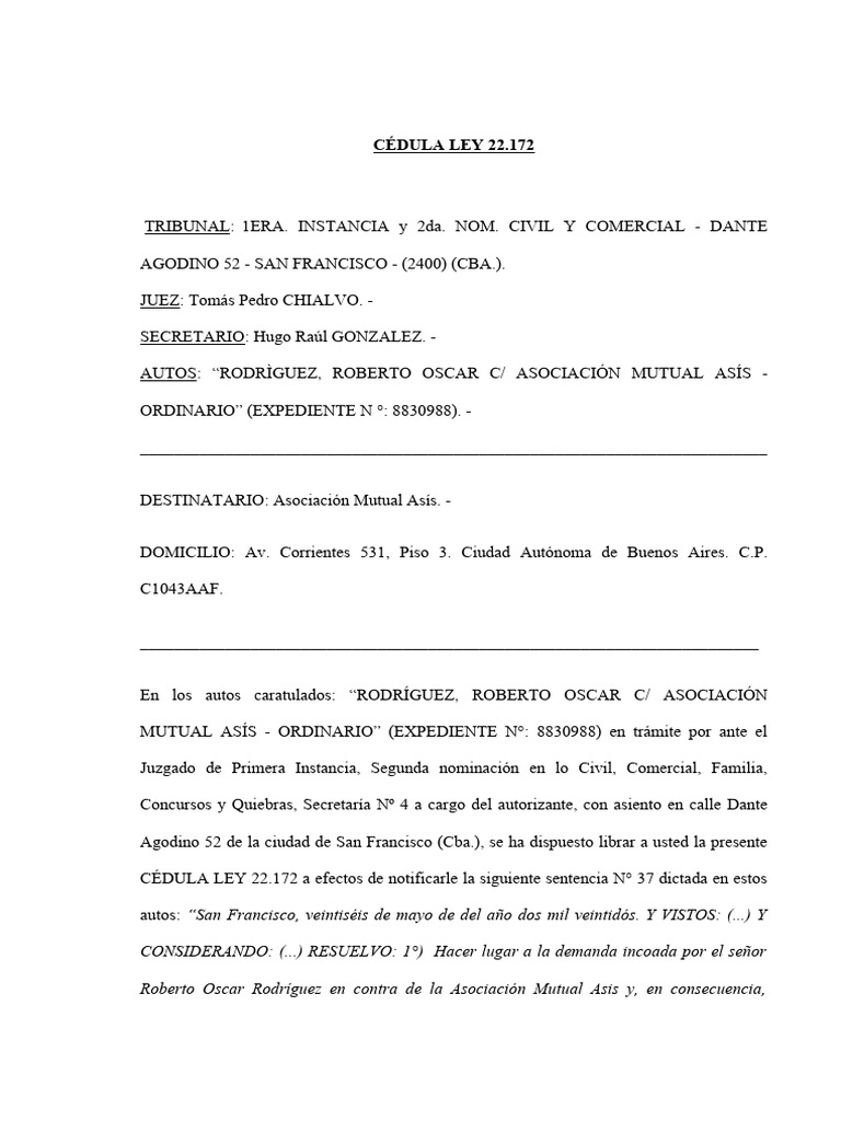 Cedula Ley 22172 | PDF | Gobierno | Justicia