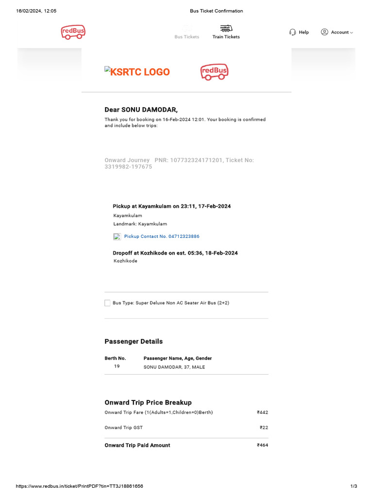 Bus Ticket Confirmation | PDF | Transport