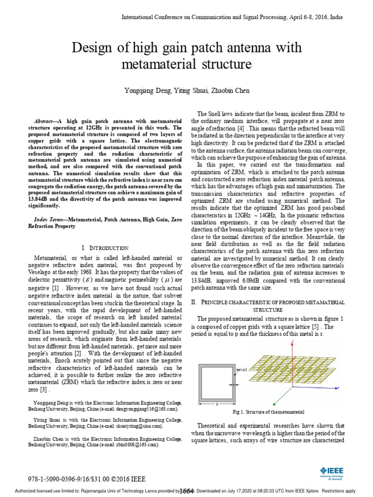 0A Design of High Gain Patch Antenna With Metamaterial Structure ...