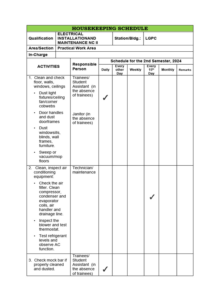 Housekeeping Schedule | PDF | Housekeeping
