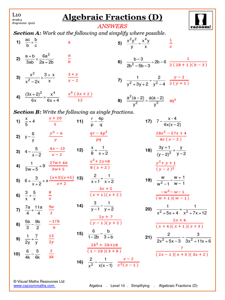 Algebra. Level 10. Simplification. Algebraic Fractions (D) - ANSWERS ...