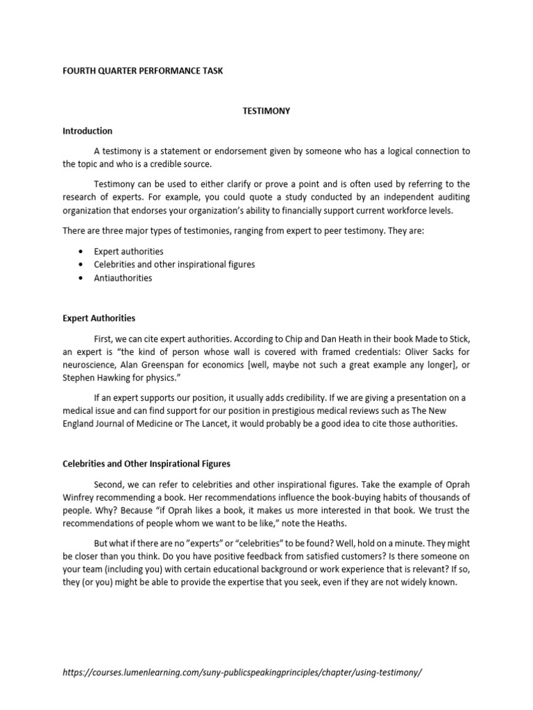 Fourth Quarter Performance Task | PDF | Expert | Testimony