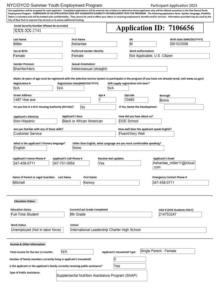 NYC Year Round Youth Employment Application | PDF