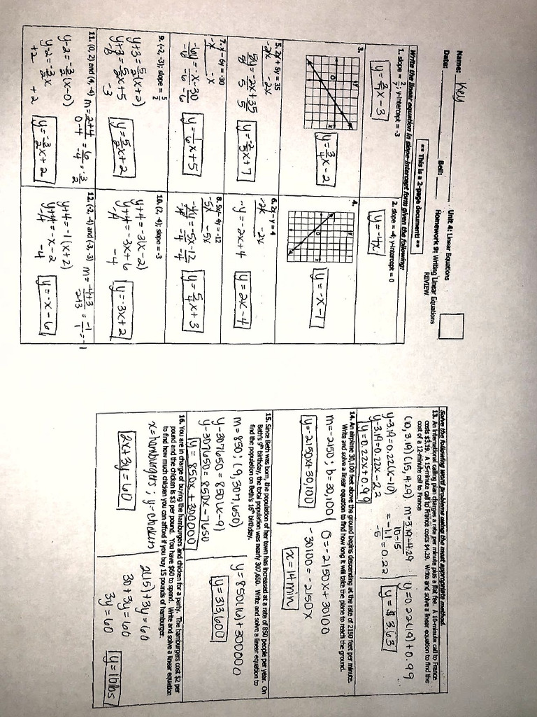 HW Writing Linear Equations Review Key | PDF