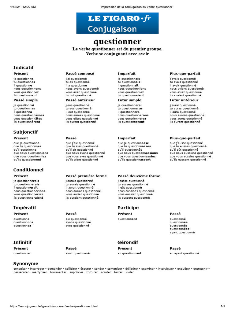 Conjugaison du verbe questionner | PDF | Verbe | Grammaire