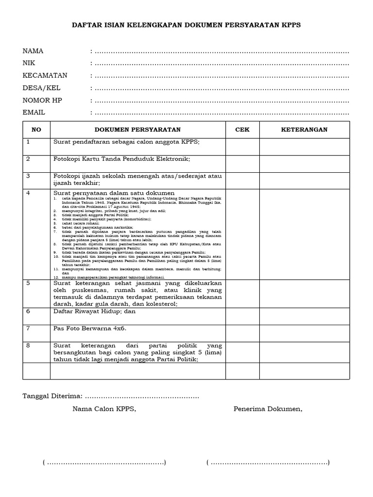 Daftar Isian Kelengkapan Dokumen Persyaratan KPPS | PDF | Hukum | Ilmu Sosial