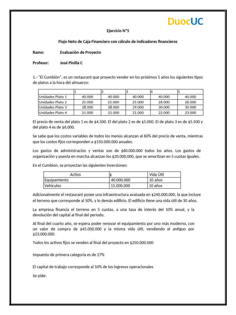 Ejercicio Nª5 FNC Financiero Restaurante El Cumbion con cálculo de VAN ...