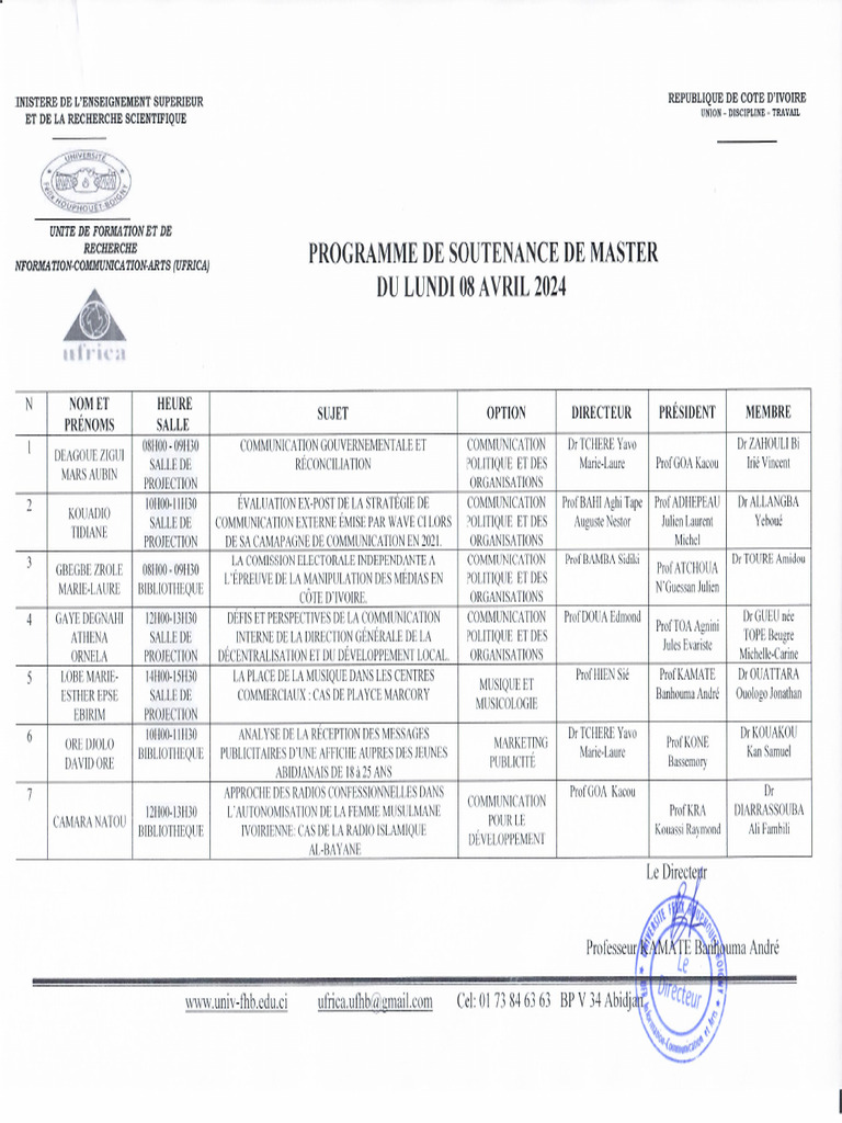 Programme de Soutenance Avril 2024 | PDF