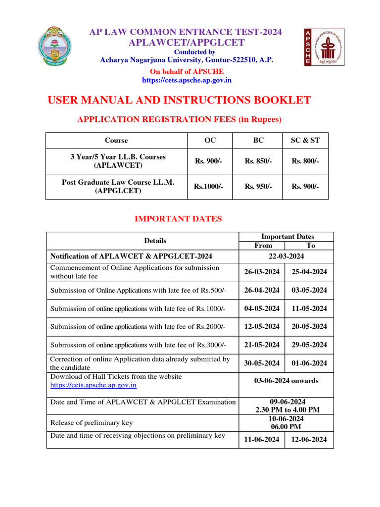 APLAWCET2024 IntructionsBooklet | PDF | Tort | University And College Admission