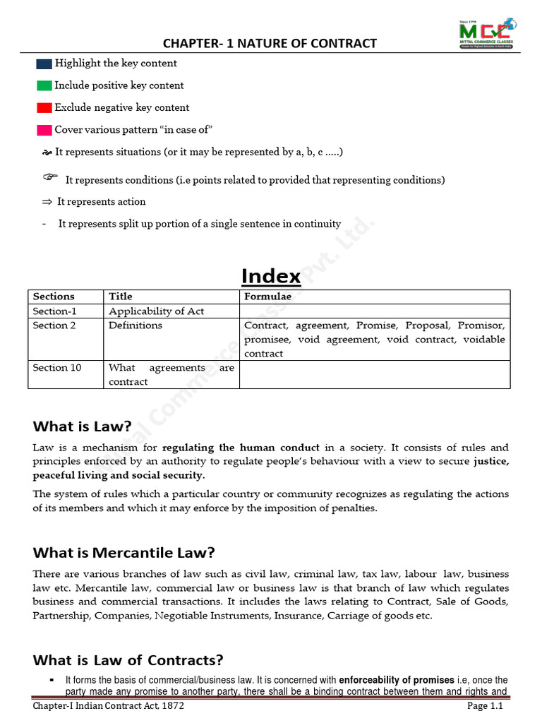 Index: Chapter-1 Nature of Contract | PDF | Law Of Obligations | Consent