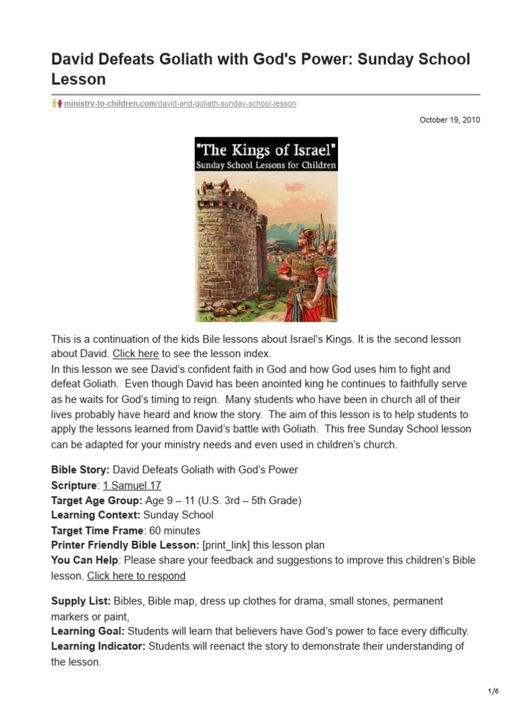 David vs. Goliath Sunday School Lesson | PDF | Books Of Samuel | David
