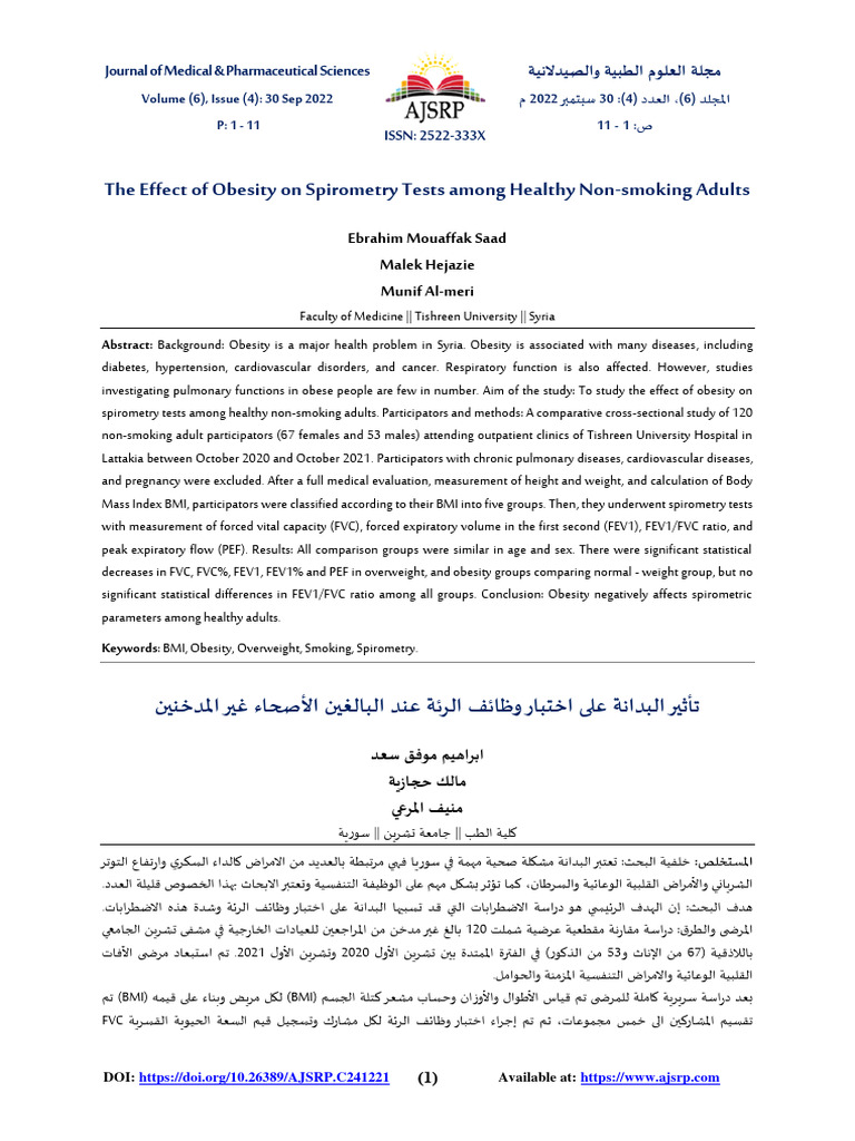 The Effect of Obesity On Spirometry Tests Among Healthy Non-Smoking ...