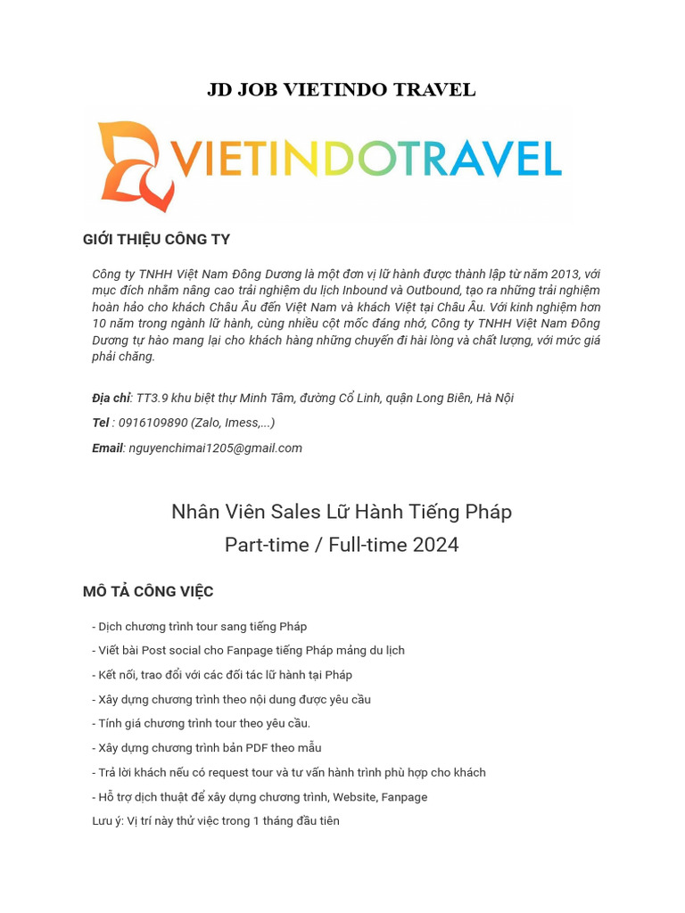 JD Job Vietindo Travel | PDF