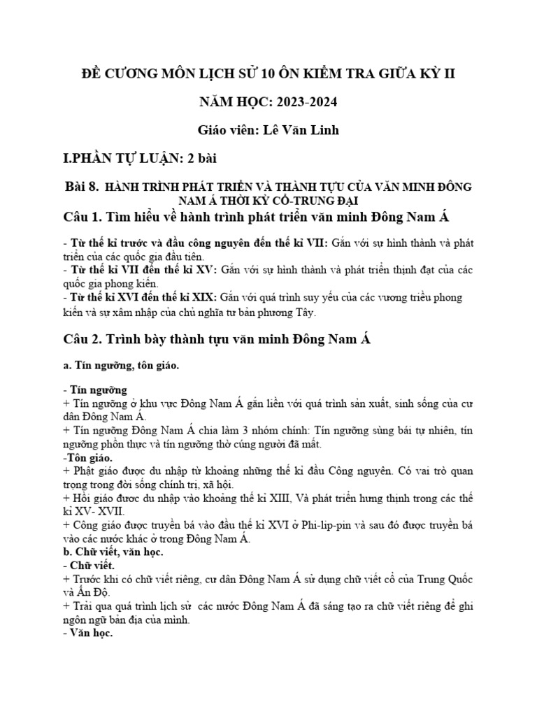 ĐỀ CƯƠNG SỬ 10 ÔN KTGK II 2023 2024 | PDF