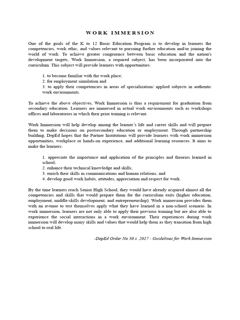 Work-Immersion-Paraphernalia | PDF | Learning | Curriculum