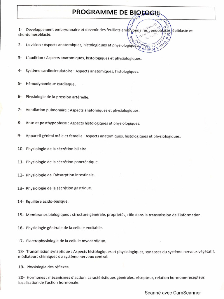 Concours Daccès Au Résidanat - Programme de Biologie 1 | PDF