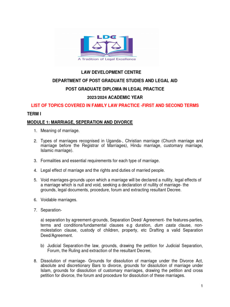 Family Law Practice-list of Topics Covered in Terms i&II-2023-2024 ...