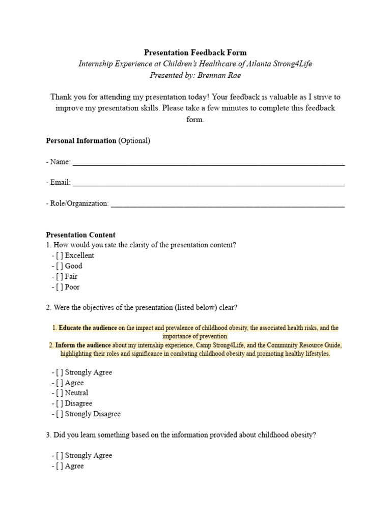 Presentation Feedback Form | PDF | Obesity | Childhood Obesity
