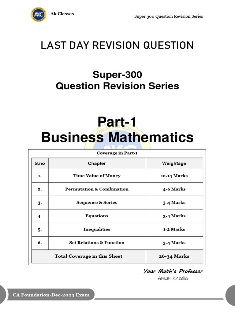 Part-1 - Maths - Last Day Super-300 Questions | PDF | Interest | Compound Interest