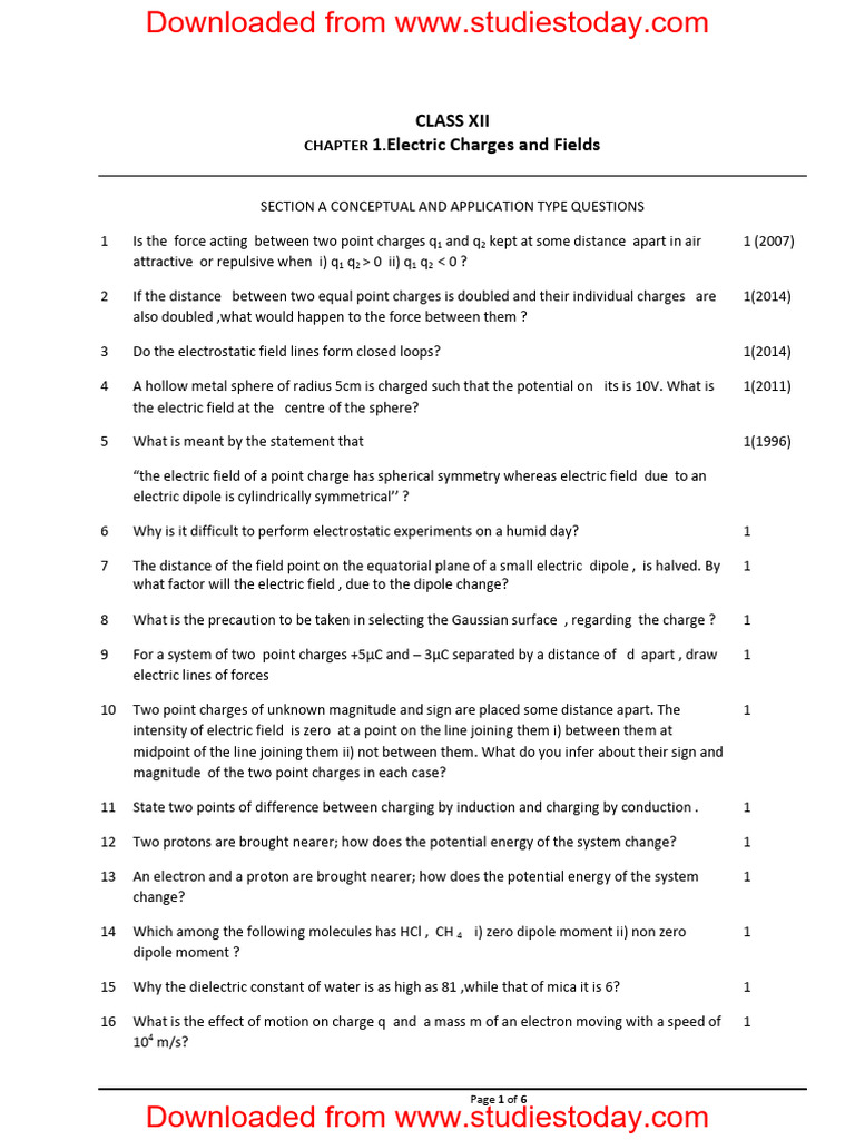 CBSE Class 12 Physics Electric Charges and Fields | PDF | Electric ...