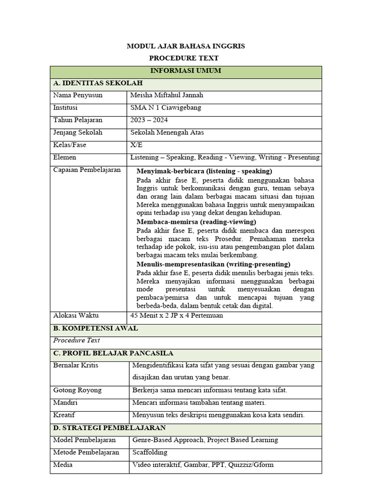 Modul Ajar - Procedure Text - Meisha | PDF | Karier & Perkembangan