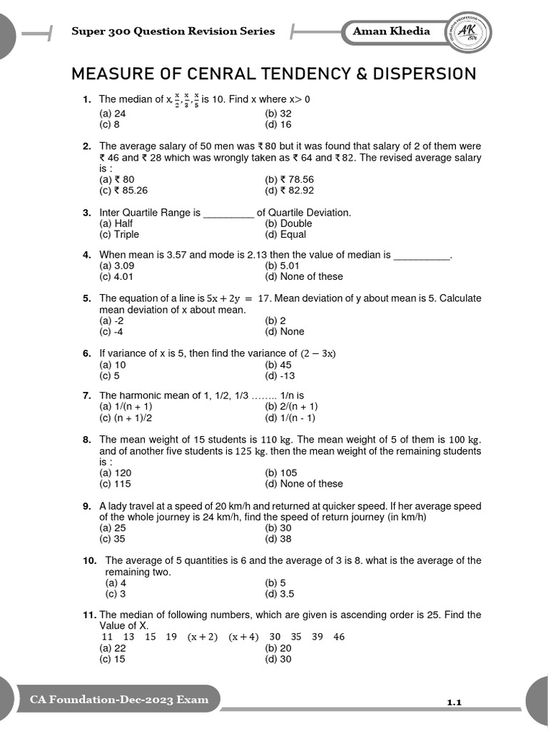 CA Foundation Dec 2023: Central Tendency & Probability Quiz | PDF | Standard Deviation | Variance