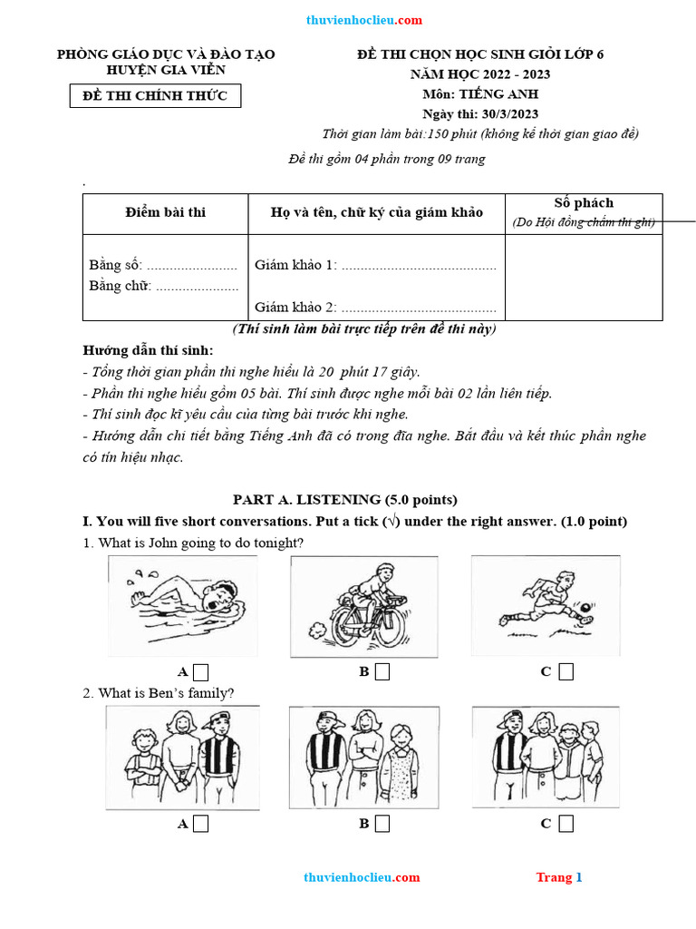 De Thi HSG Tieng Anh 6 Huyen Gia Vien 22 23 | PDF | Transport | Car