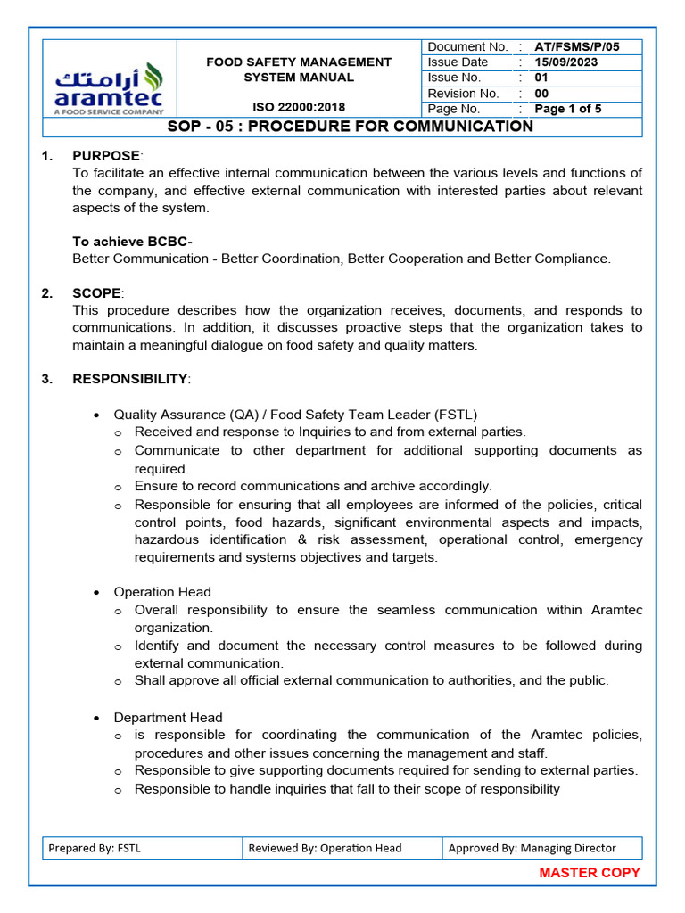SOP-05 Procedure for Communication | PDF | Food Safety | Communication