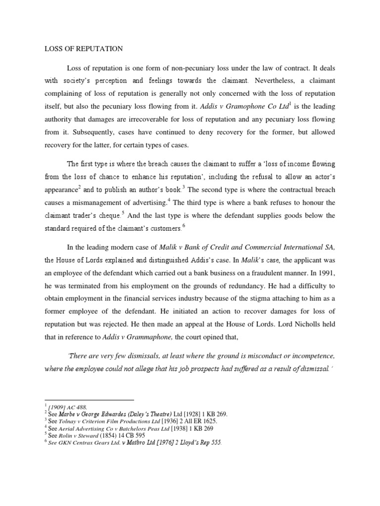 Loss of Reputation | Damages | Legal Concepts