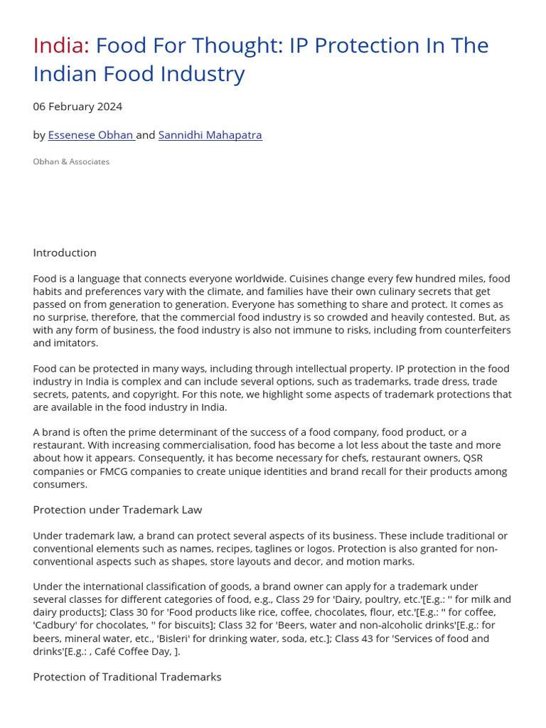 India - Food For Thought - IP Protection in The Indian Food Industry - Jan 2024 | PDF ...