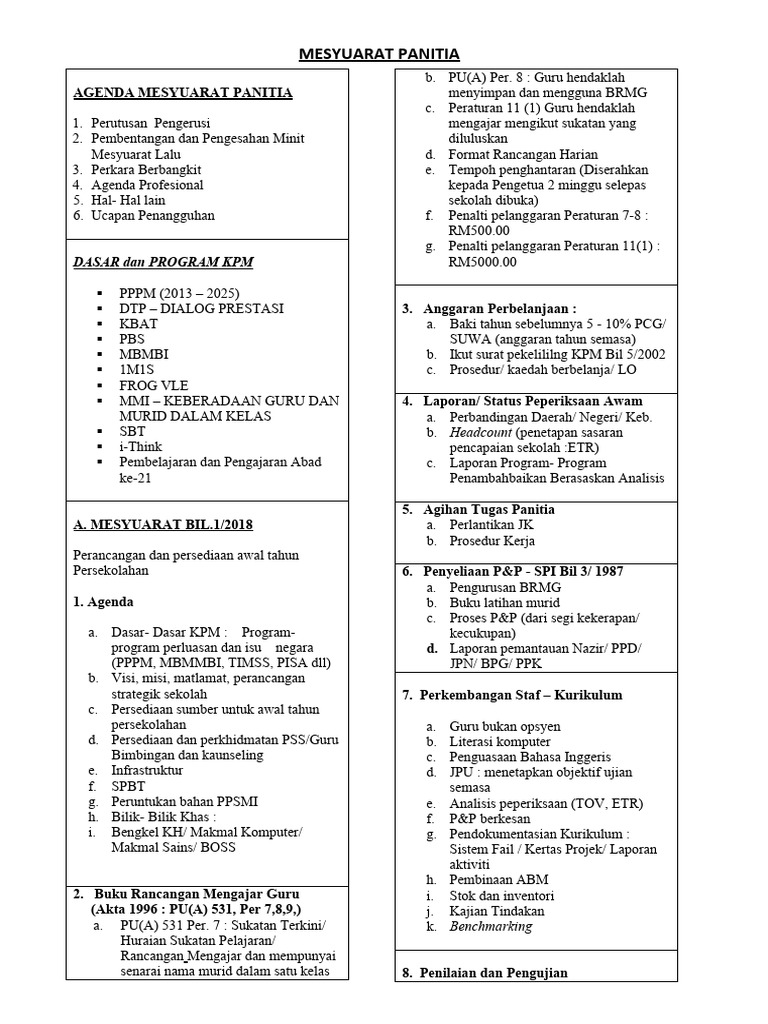 Agenda Mesyuarat Panitia KPM 2018 | PDF