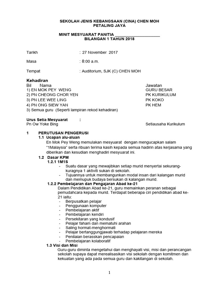Contoh Minit Mesyuarat Bil 1 | PDF