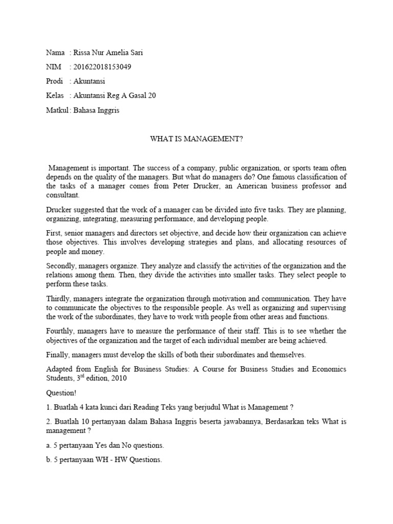 READING COMPREHENSION WHAT IS MANAGEMENT | PDF | Business | Business ...