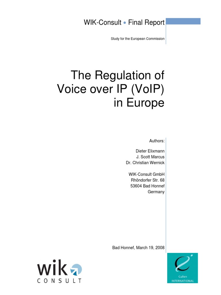 The Regulation of Voice Over Ip (Voip) in Europe: Wik-Consult Final Report | PDF | Voice Over Ip ...