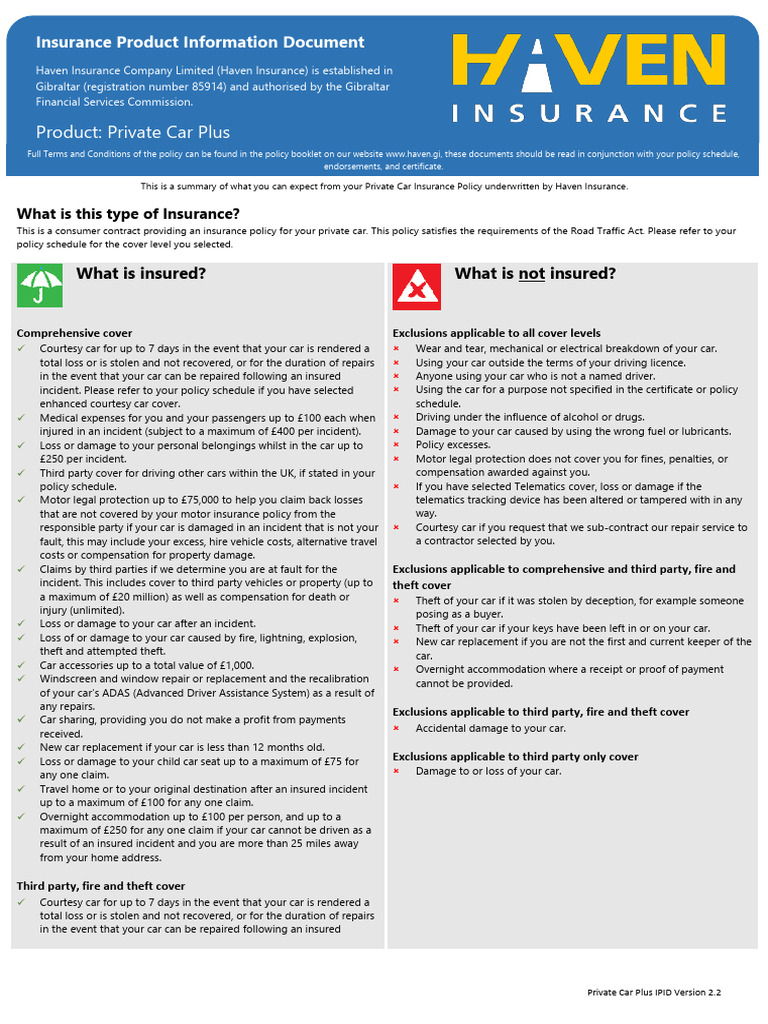 IPID Private Car Plus All Cover Levels | PDF | Vehicle Insurance | Vehicles