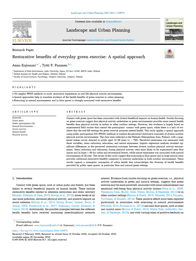 Restorative Benefits of Everyday Green Exercise A Spatial Approach | PDF