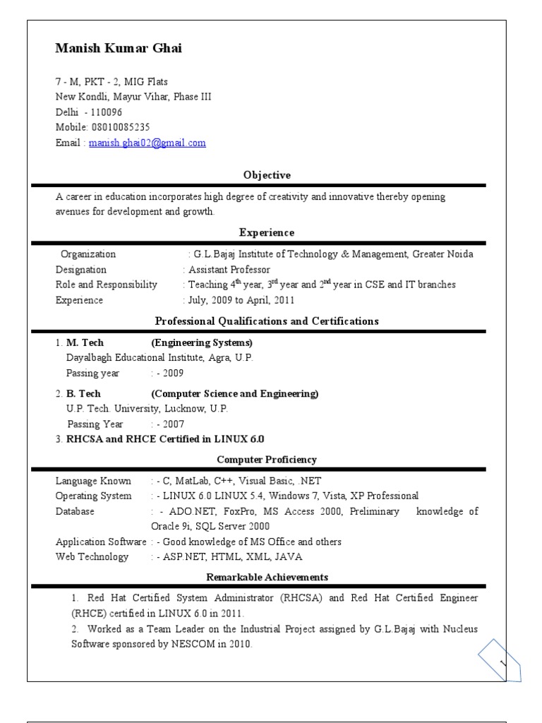 Manish Kumar Ghai: Objective | PDF | Microsoft Access | System Administrator