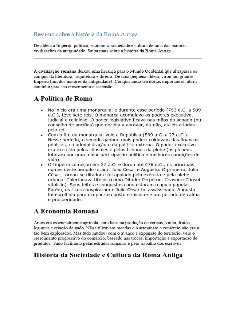 Resumo Sobre A História Da Roma Antiga | Download grátis PDF | Roma ...