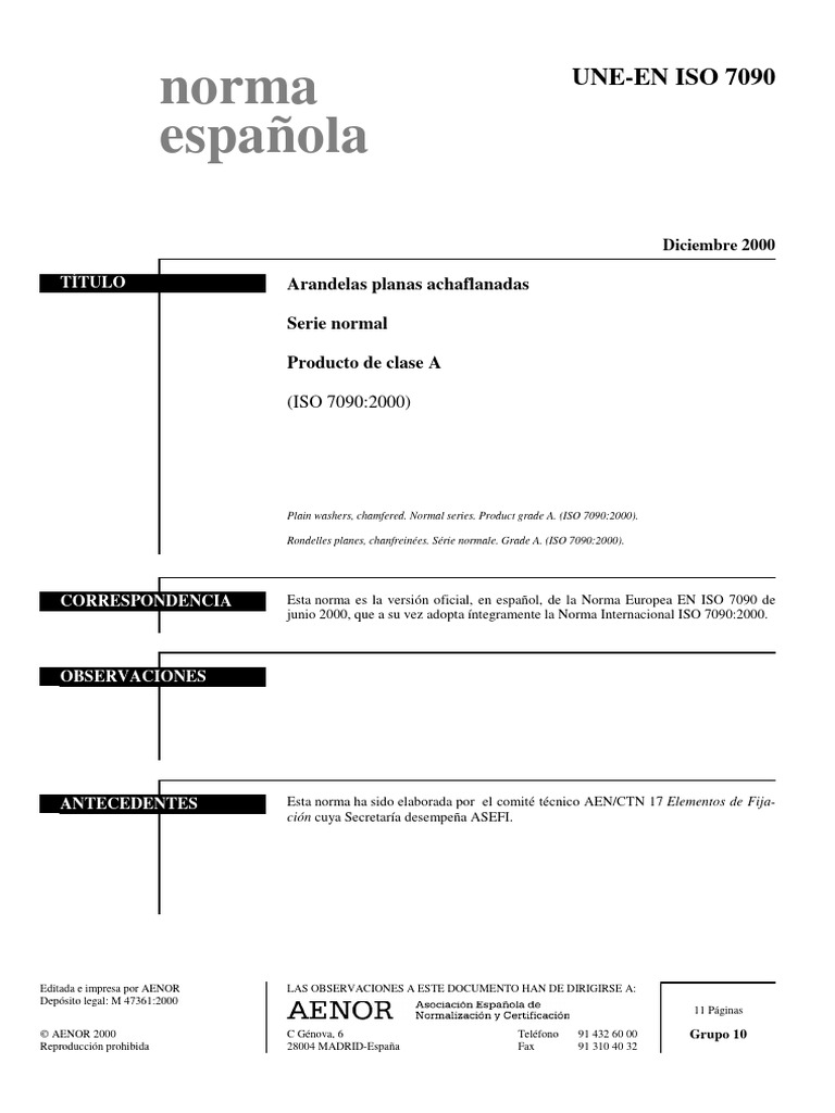 Arandelas Planas Achaflanadas ISO 7090 | PDF | Tornillo | Estandarización