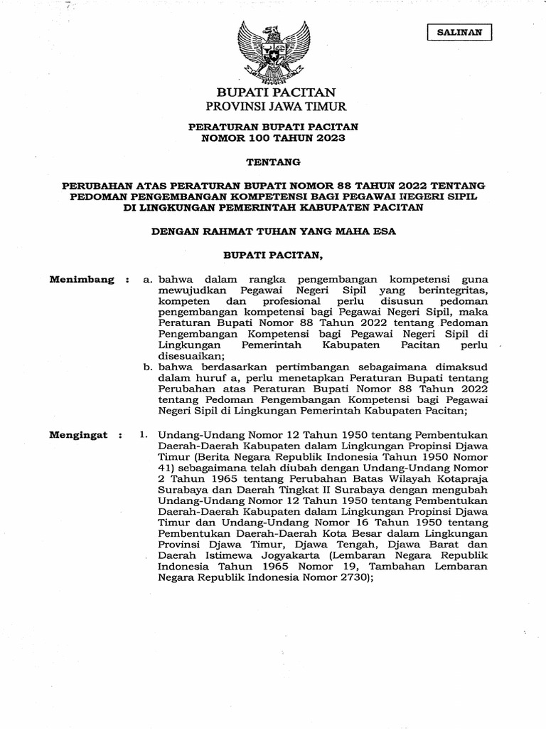 Perbup No 100 Tahun 2023 Salinan Perubahan Atas Pe | PDF