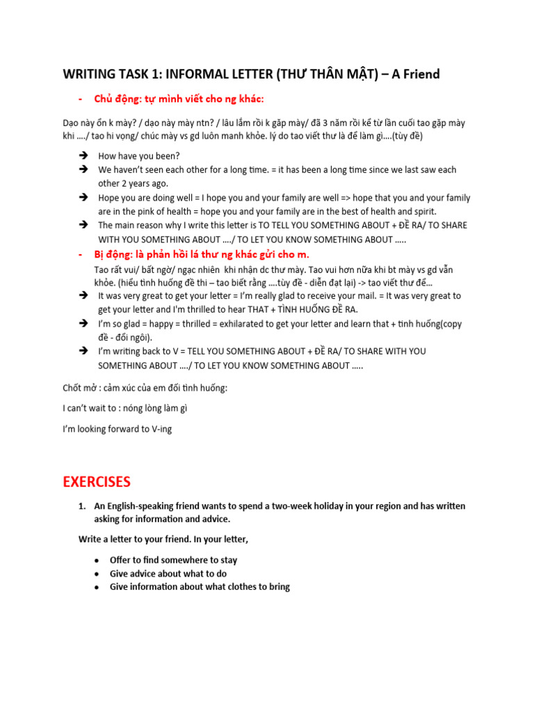 WRITING TASK 1 - INFORMAL LETTER - EMAIL (Extra Practice) | Download ...
