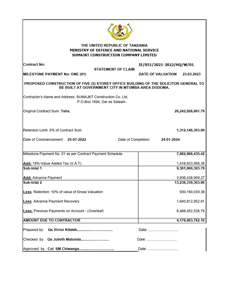 Tanzania Office Building Payment Claim | PDF | Concrete