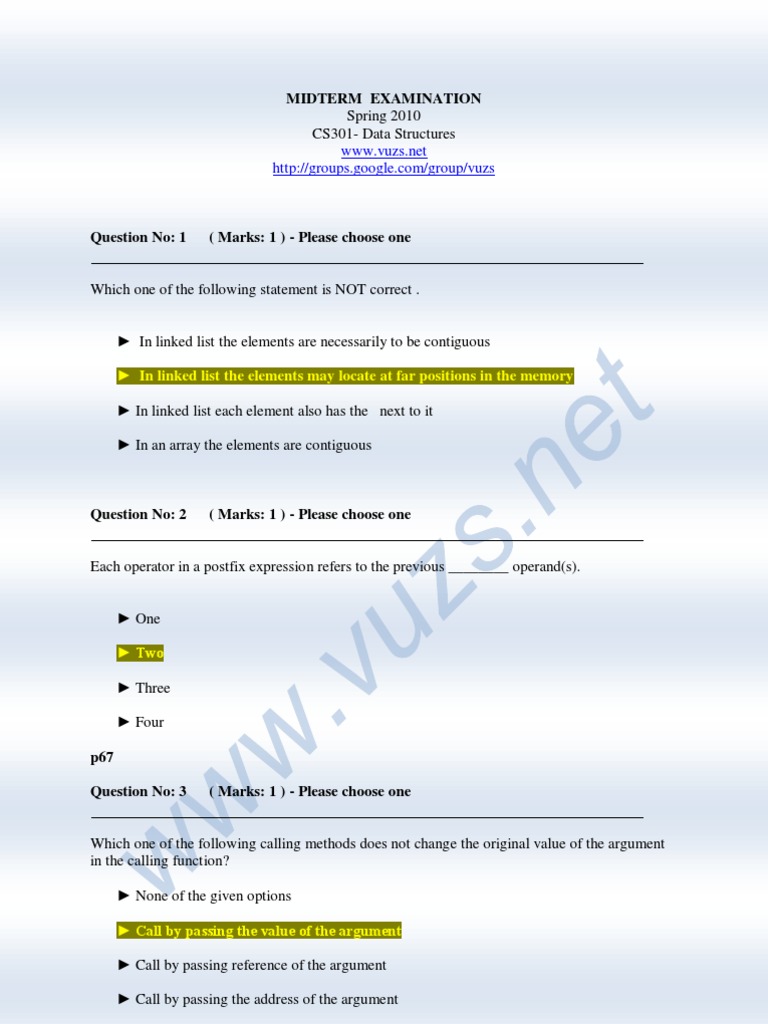 CS301 Midterm Papers Collection Shared by Sweet Soul | PDF | Array Data Structure | Pointer ...
