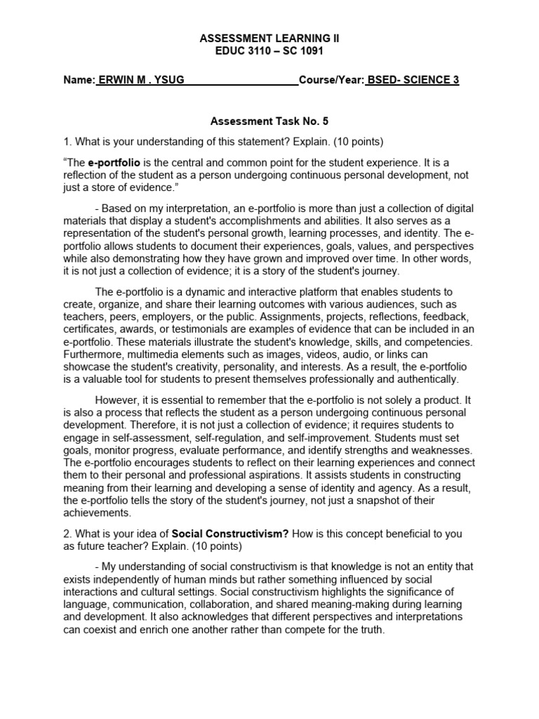 Assessment Task No. 5 | PDF | Constructivism (Philosophy Of Education) | Learning