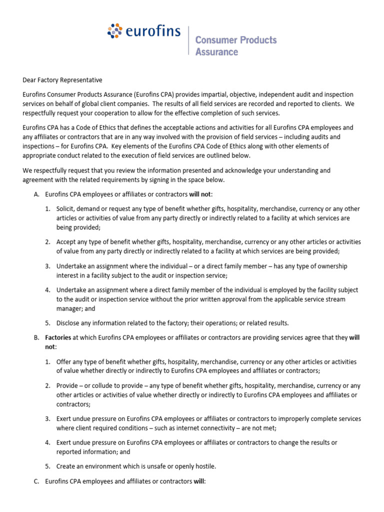Eurofins Factory Letter | PDF | Audit | Business